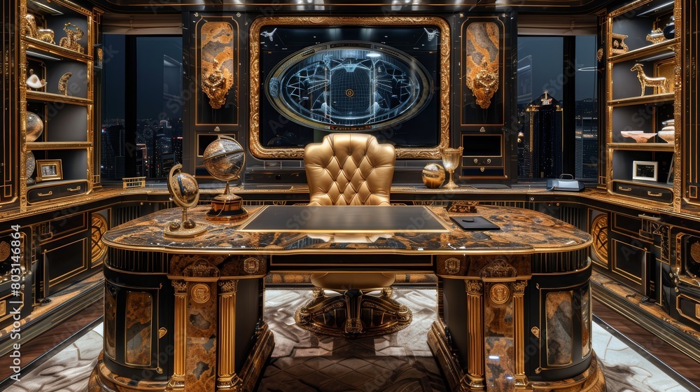 Elegant executive space with opulent marble and gold desk, plush ...