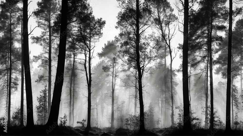 Trees with a forest with misty fog in the air black and white ...