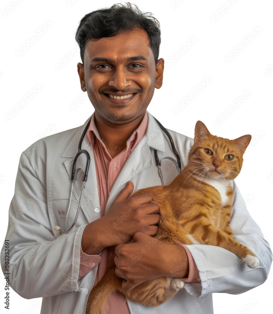 Smiling indian male veterinarian holding a cat, looking at the camera ...
