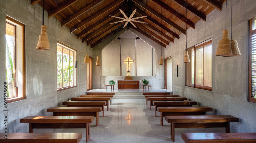 Small Catholic chapel with wooden pews facing small altar. Faith, a ...