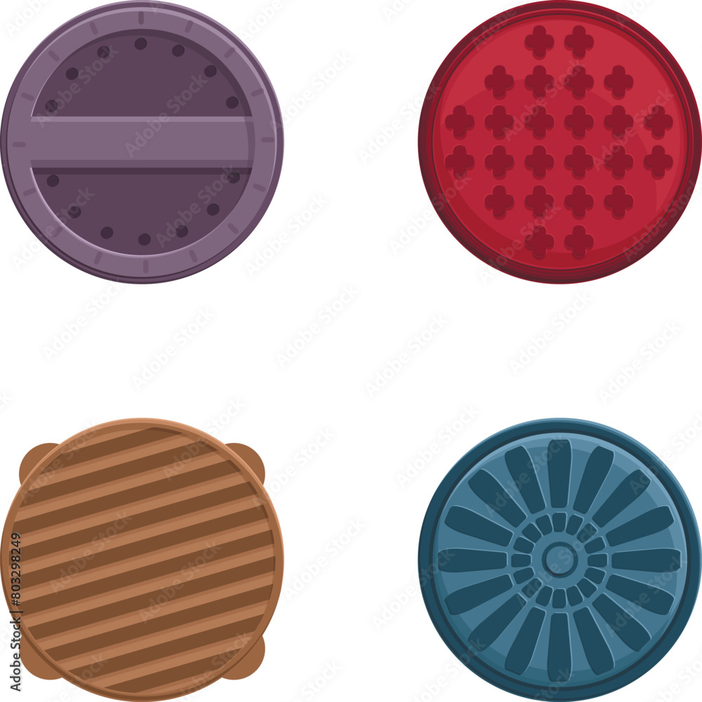 Iron hatch icons set cartoon vector. Road manhole of various shape and ...