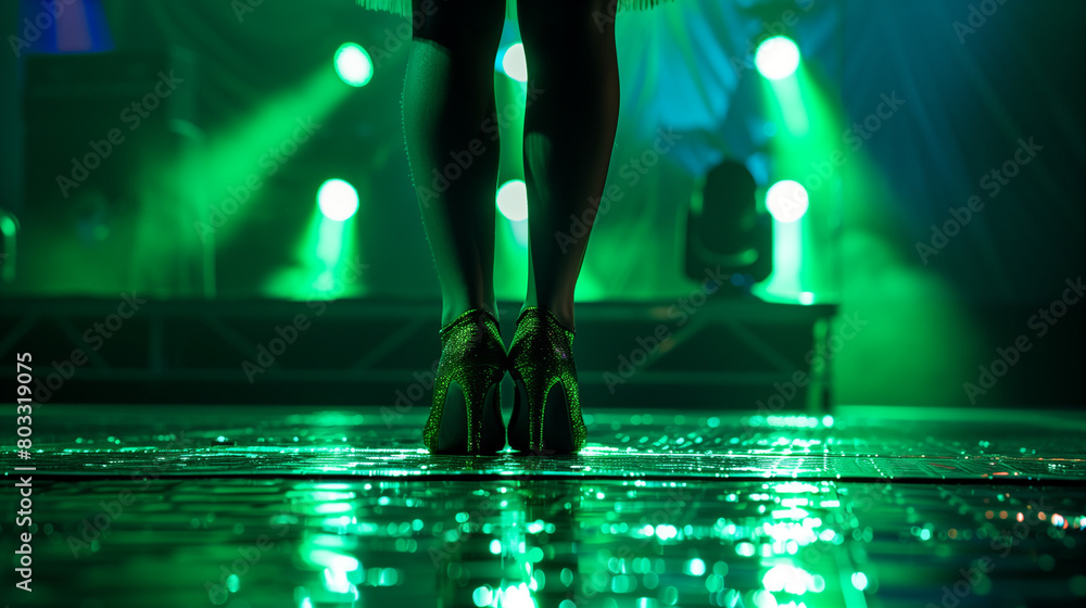 Irish dancing legs close up on stage on bright green lighting stage ...