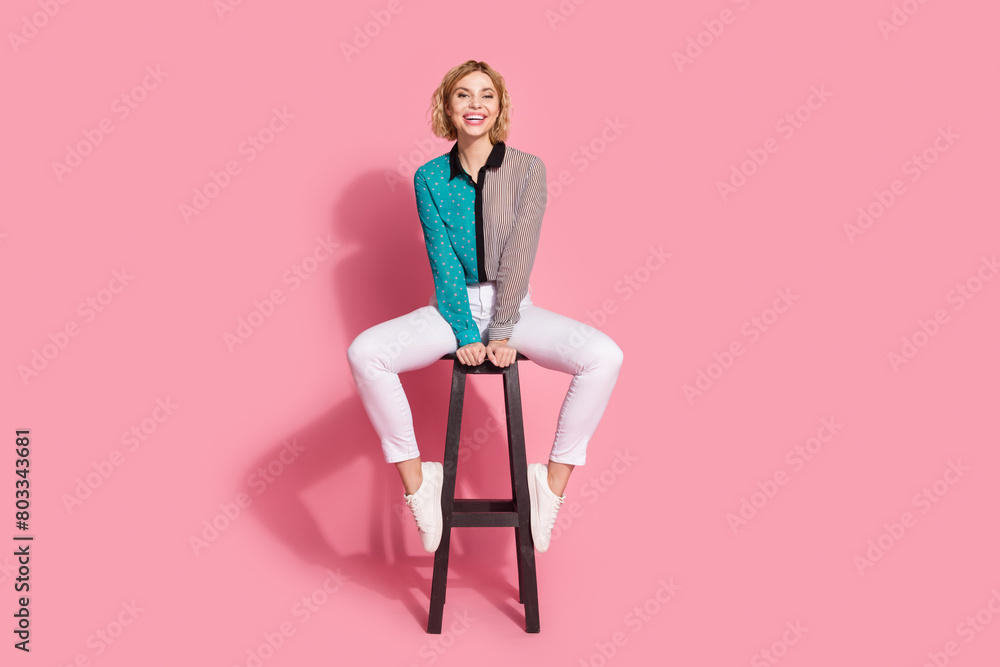 Full size photo of pretty young girl sit chair posing wear trendy ...