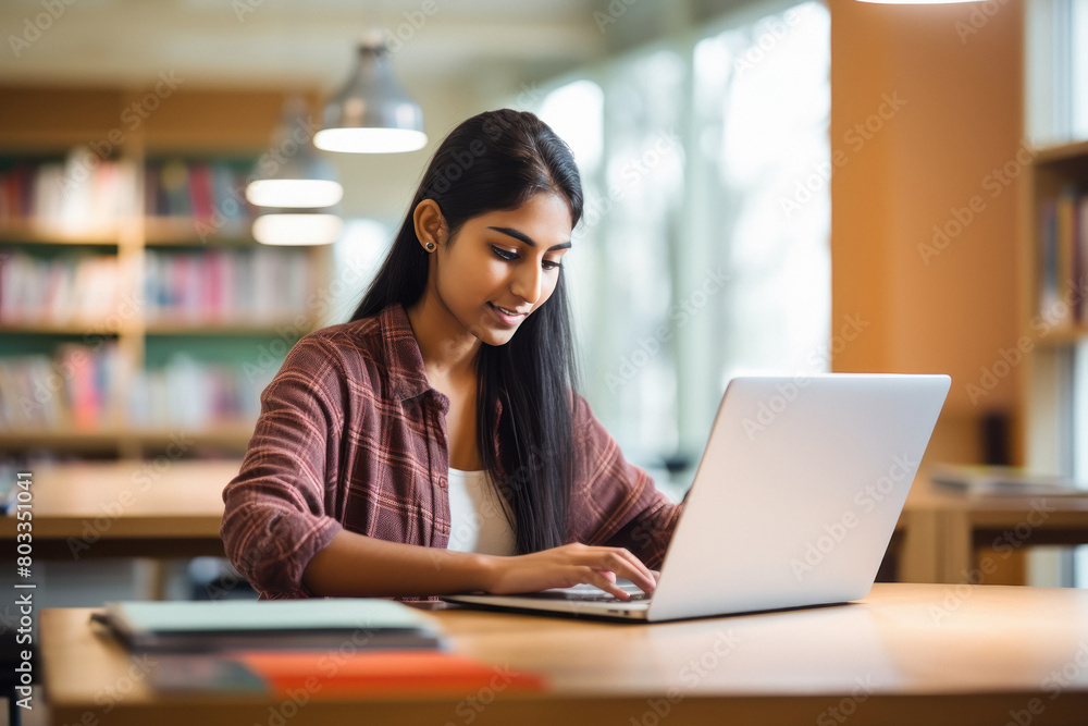 college girl using laptop at library Stock Photo | Adobe Stock