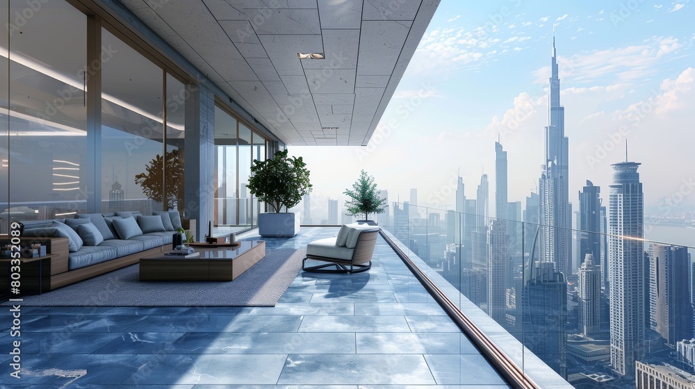 Modern architectural visualization of a spacious balcony with expansive ...