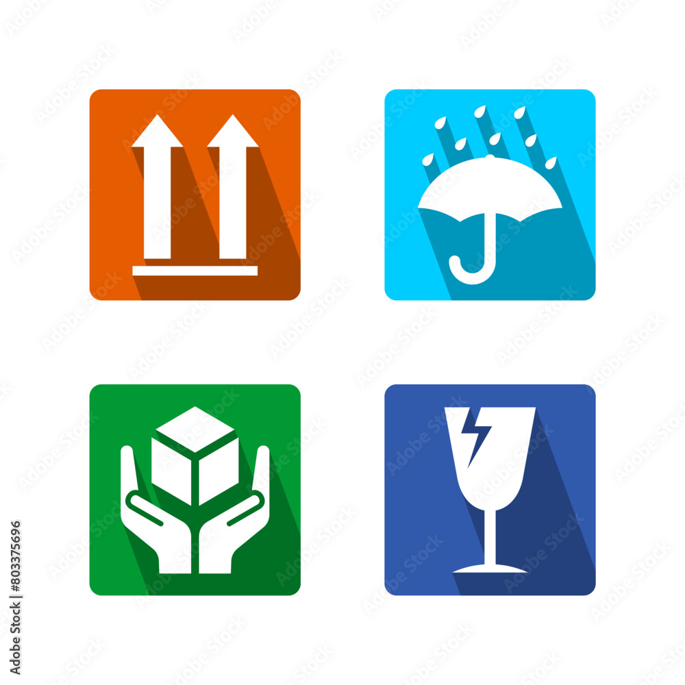 Fragile package icons set, handle with care logistics and delivery shipping labels. Fragile box ...
