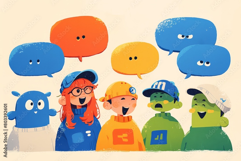 Ilustrace 4 cute cartoon characters are having a conversation with ...