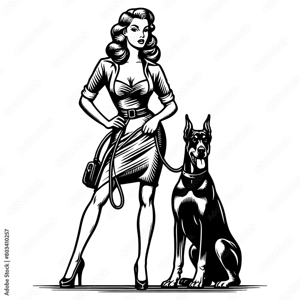 retro pin-up girl with dog Doberman, evoking a sense of vintage ...