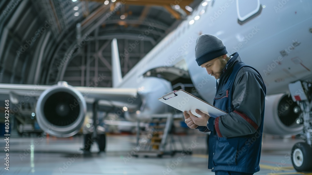 An aircraft mechanic in uniform inspecting with clipboard in a hangar ...