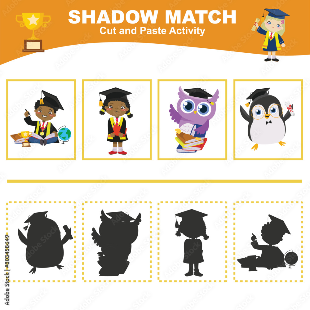 Cut the image in each box and glue it on each shadow. Find the correct ...