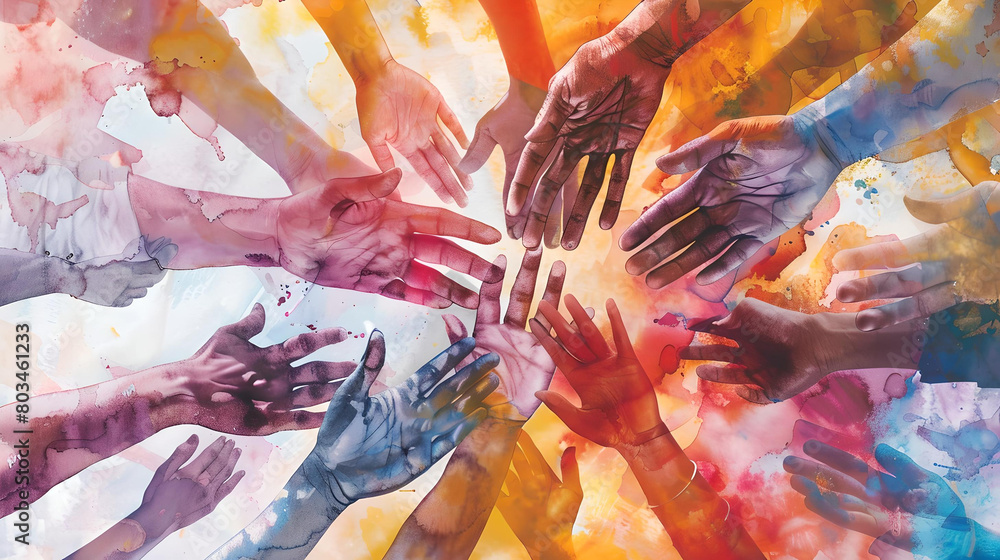 Watercolor diverse hands coming together in the center, symbolizing ...