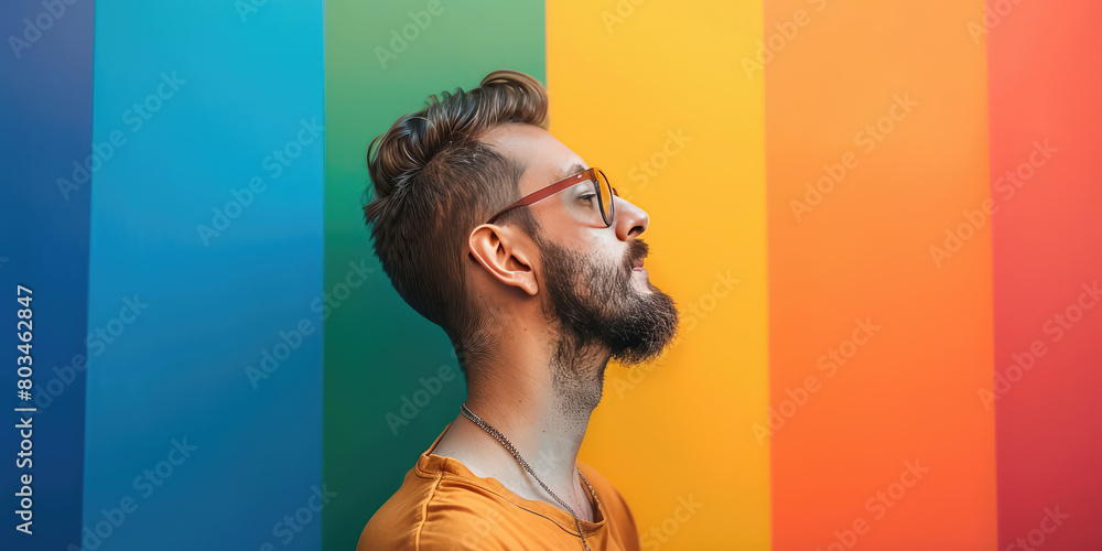 Portrait of young well groomed man and lgbt flag rainbow colors on ...