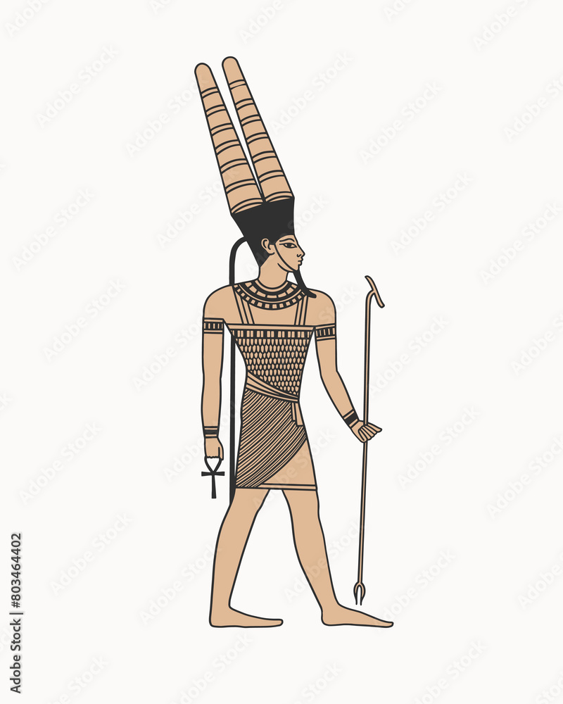 Ancient Egyptian god Amon with a staff in his hand. God of air and sun ...