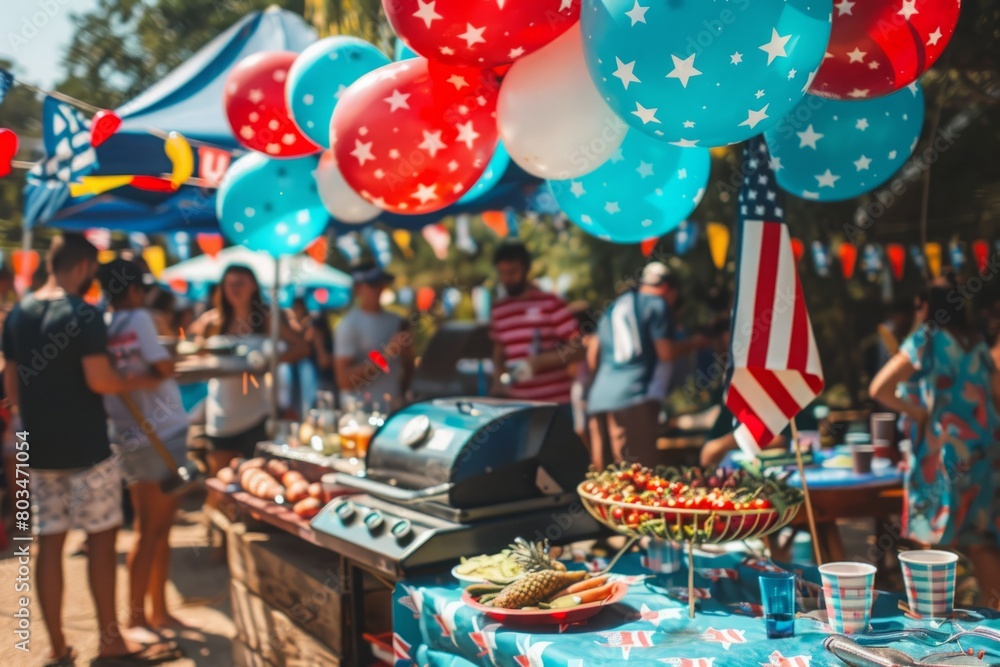 Fourth of July party with people around BBQ, USA flags and balloon ...