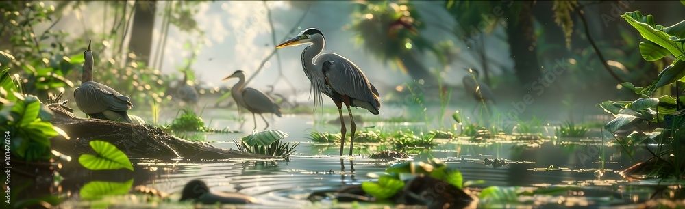 A lush marsh with diverse wildlife, featuring herons standing in ...