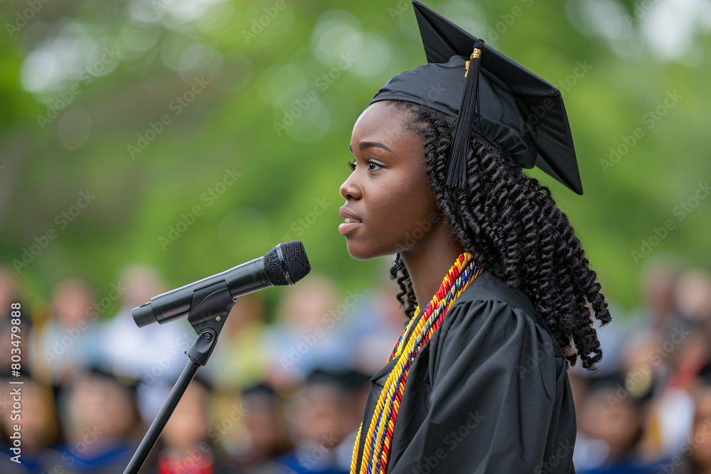 A young black female valedictorian giving a speech at her college ...