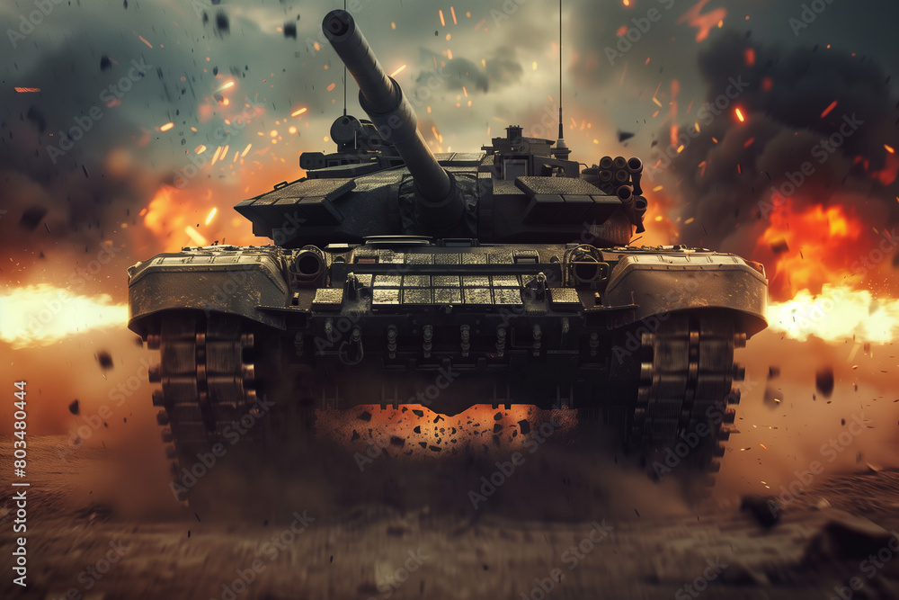 An armored tank shooting of a battle field in a war. bombs and ...