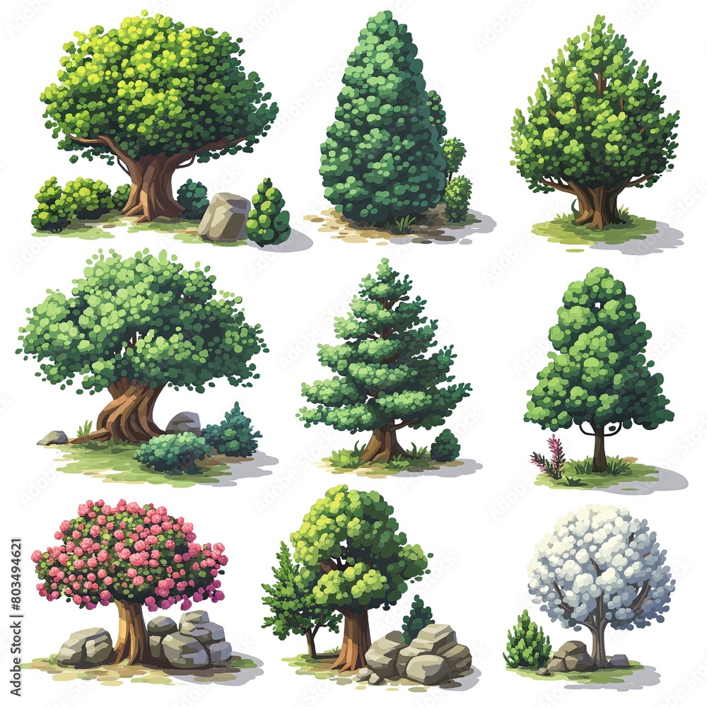 Ilustración de Stock Tree and Bush Environment Video Game Assets Pixel ...