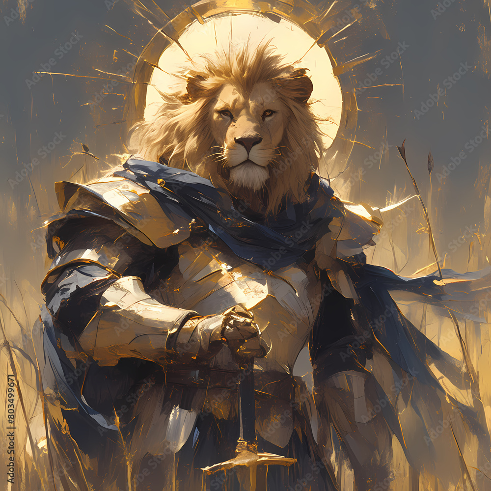 The Lion of Judah stands proudly in a suit of armor, exuding an aura of ...