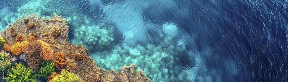 Aerial view of a coral reef teeming with marine life, showcasing ...