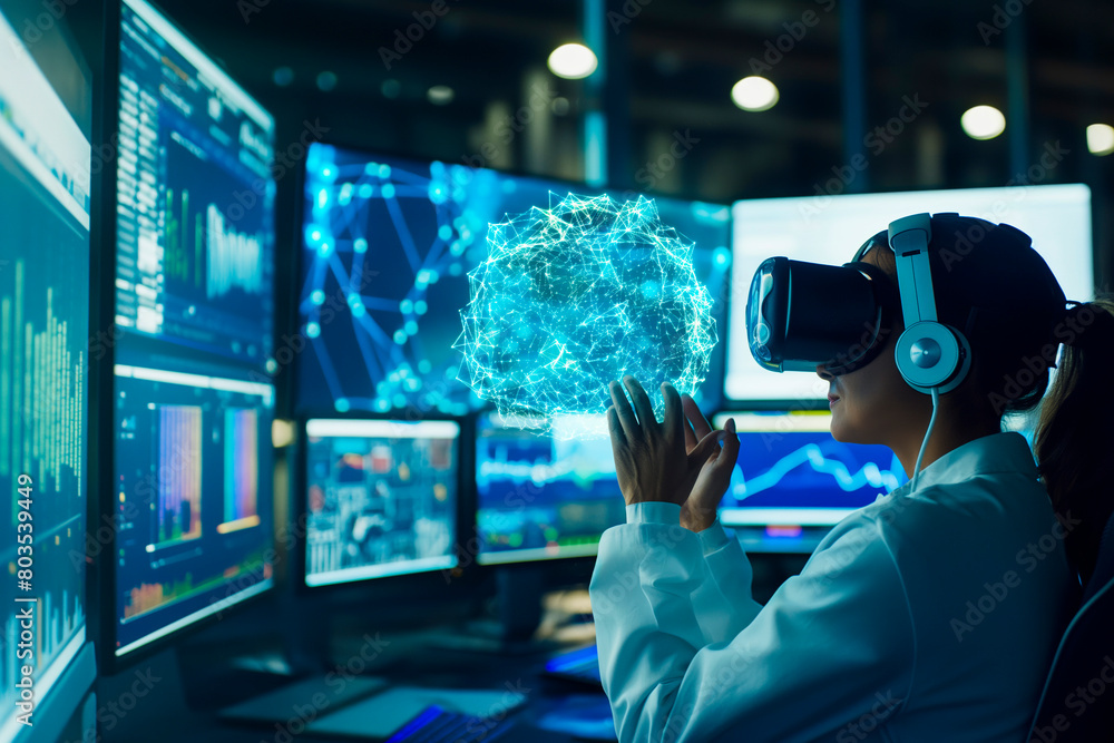 Computer science engineer wearing VR glasses working with 3D model ...