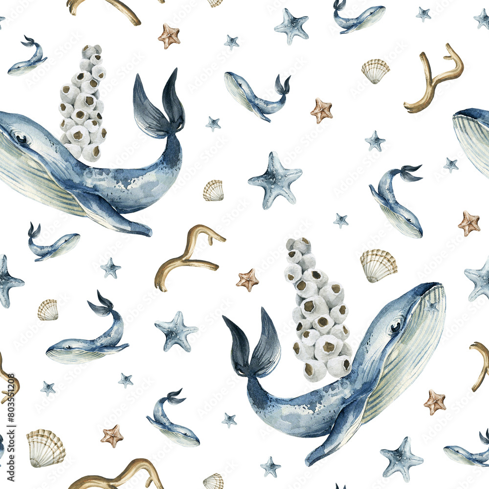 Watercolor seamless sea pattern. Endless pattern with underwater world ...