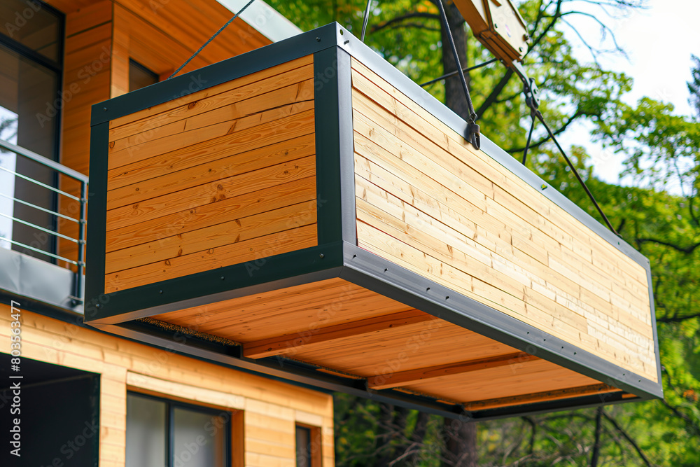 Wooden building module is raised by a crane and placed into the ...