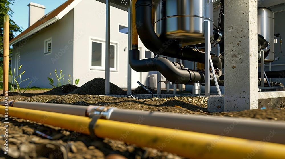 Building a geothermal heat pump system, close-up, detailed pipe ...
