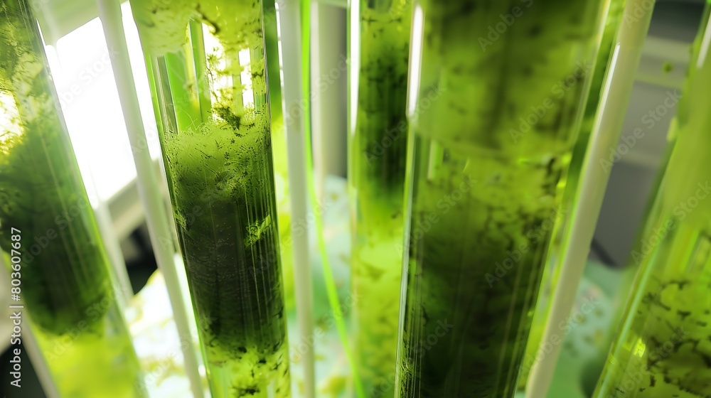 Inspecting bioreactors growing algae, close-up, detailed tubes and ...