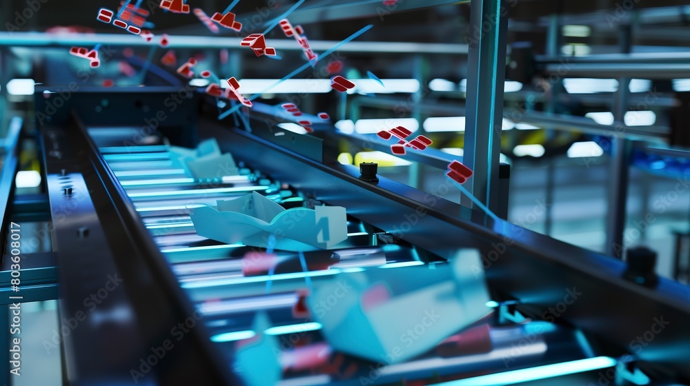 AI-driven sorting system at a factory, close-up, detailed conveyor and ...