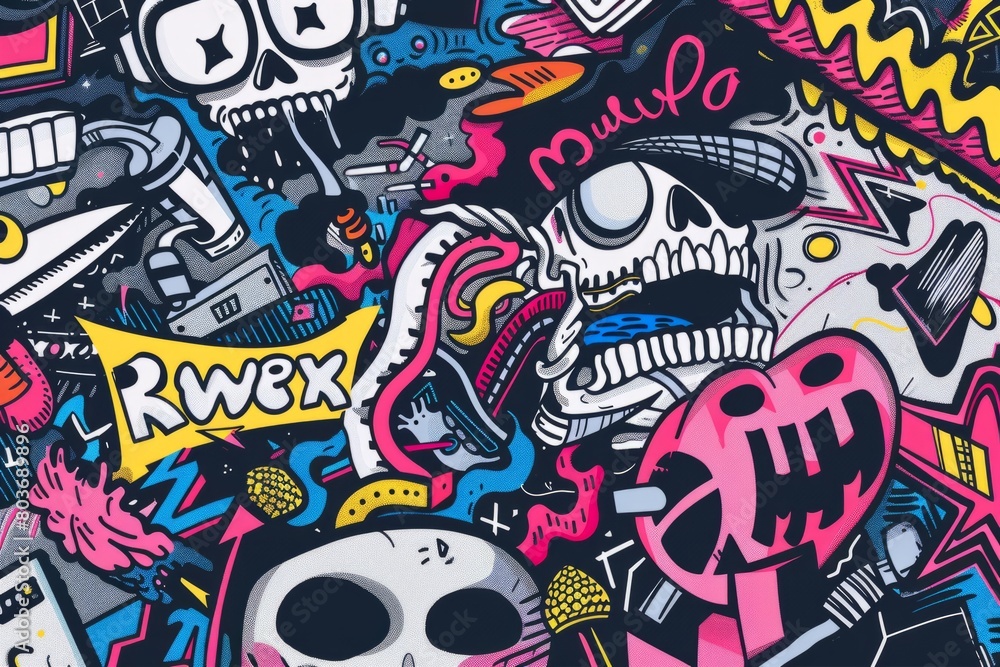Cartoon cute doodles of a pop-punk concert poster featuring vibrant ...