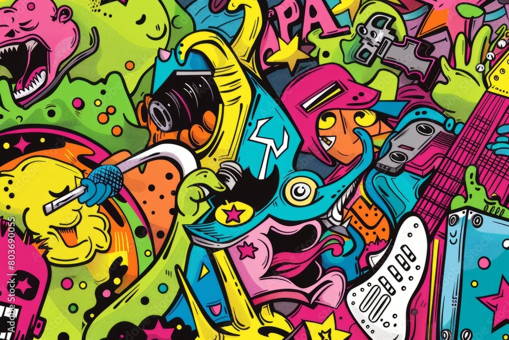 Cartoon cute doodles of a pop-punk concert poster featuring vibrant ...