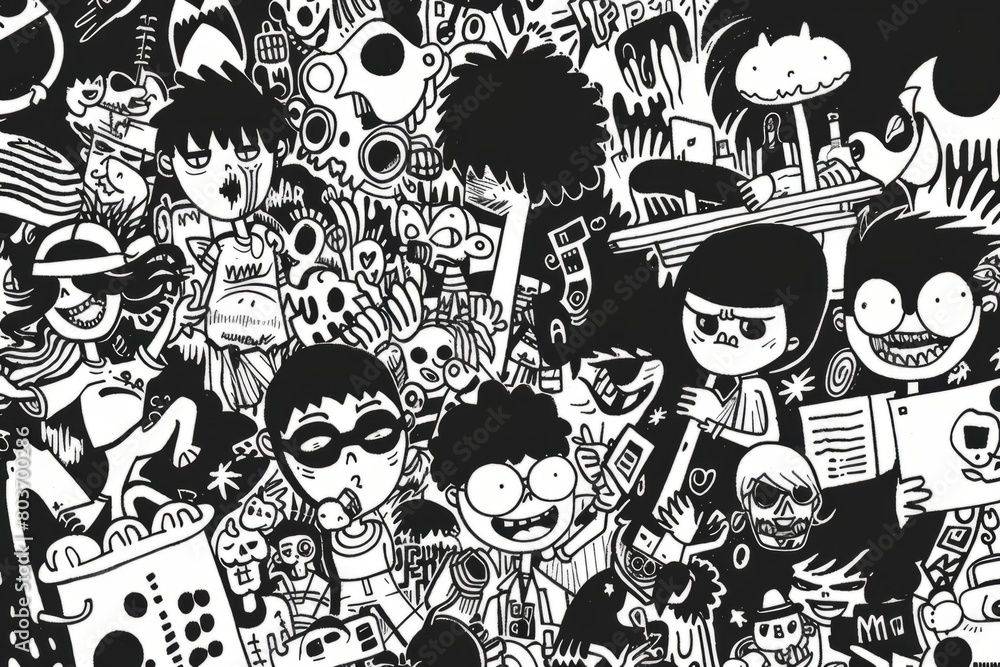Cartoon cute doodles of a pop-punk zine, filled with illustrations ...