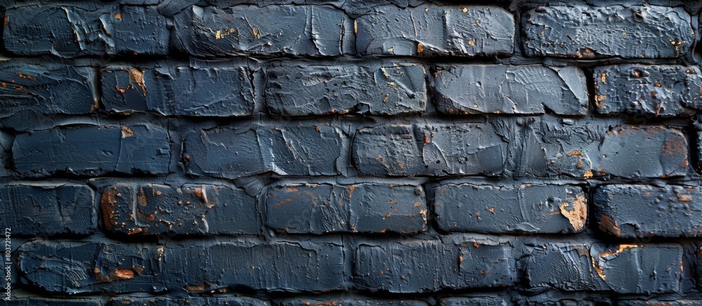 A detailed close-up image of a weathered brick wall with extensive rust ...