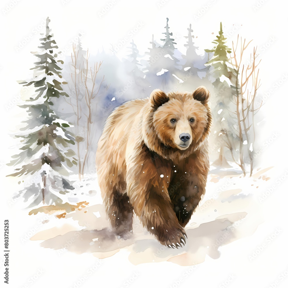Winter bear. Brown bear. Winter landscape clipart. Watercolor ...
