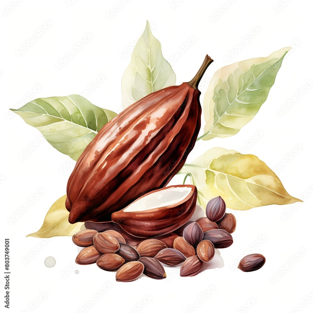 Cocoa. Botanical cocoa. Cocoa bean clipart. Watercolor illustration ...