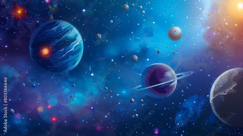 Colorful cartoon planet in blue deep universe. cartoons. Illustrations ...