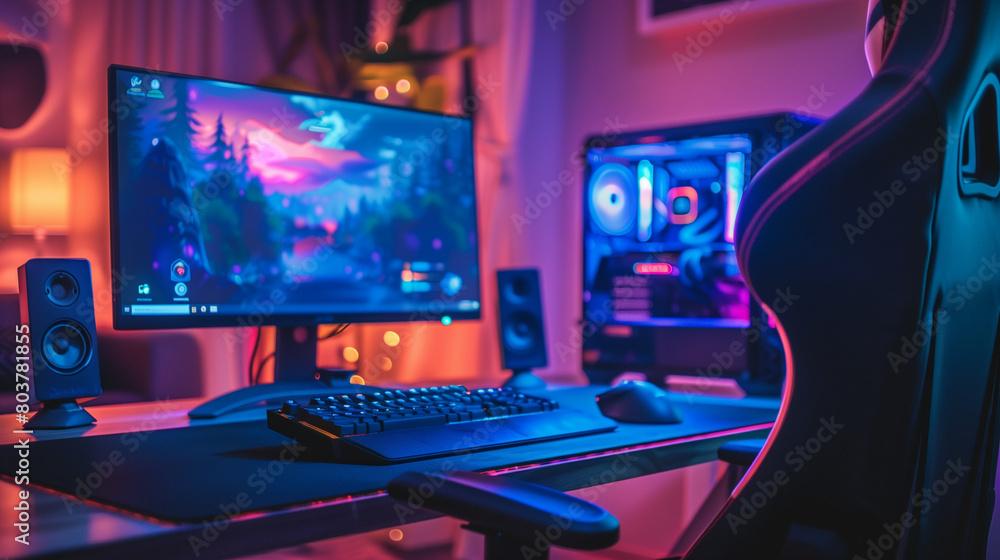 A cozy gaming room with neon lights, featuring an LED-lit desk setup ...