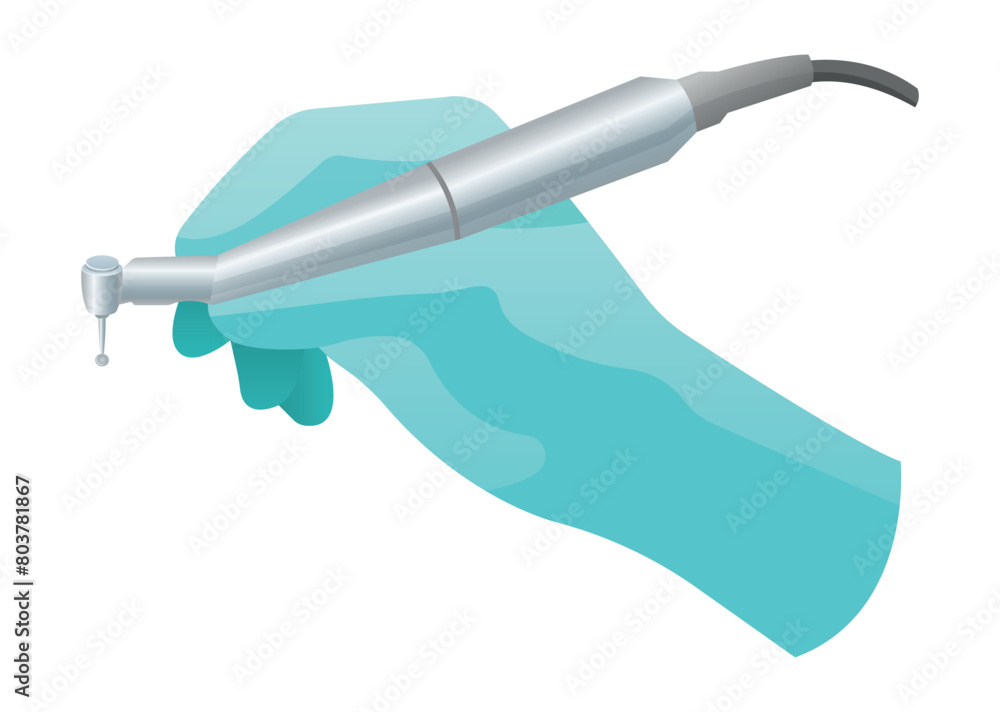 Vector hand of a dentist holds a bur machine in his hand to treat a ...