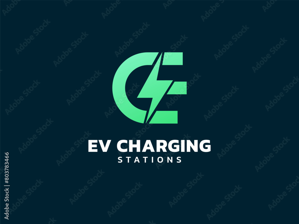 Electric vehicle charging letter E with Lightning Bolt Symbol ...