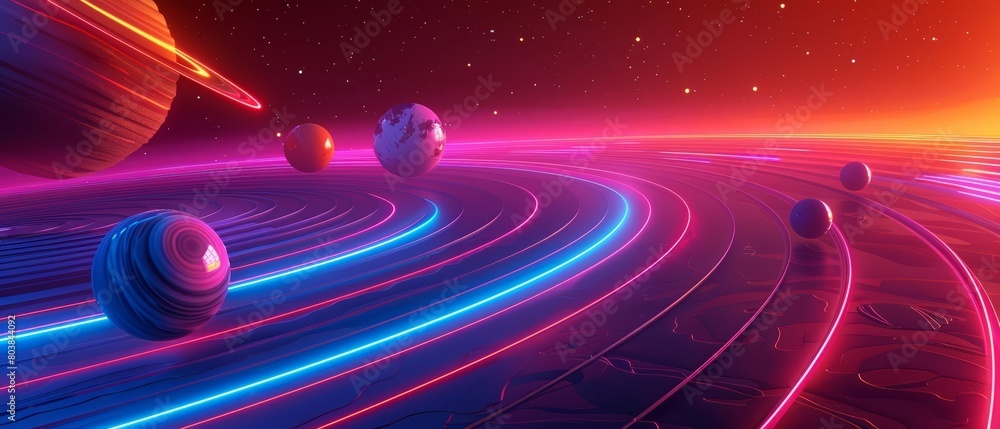 Neon lights outline a sgraffito solar system in a 3D illustration ...