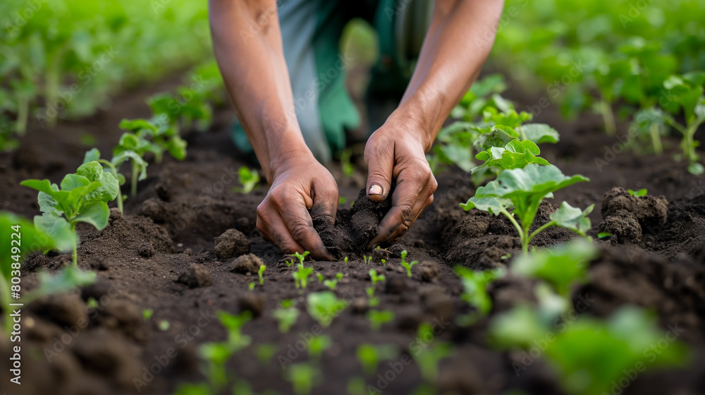 Amidst rows of thriving plants on a regenerative organic farm, farmers ...