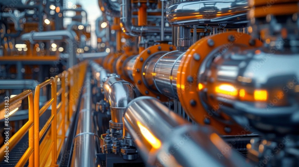 Detail of a carbon capture unit on an oil rig, showing pipes and ...