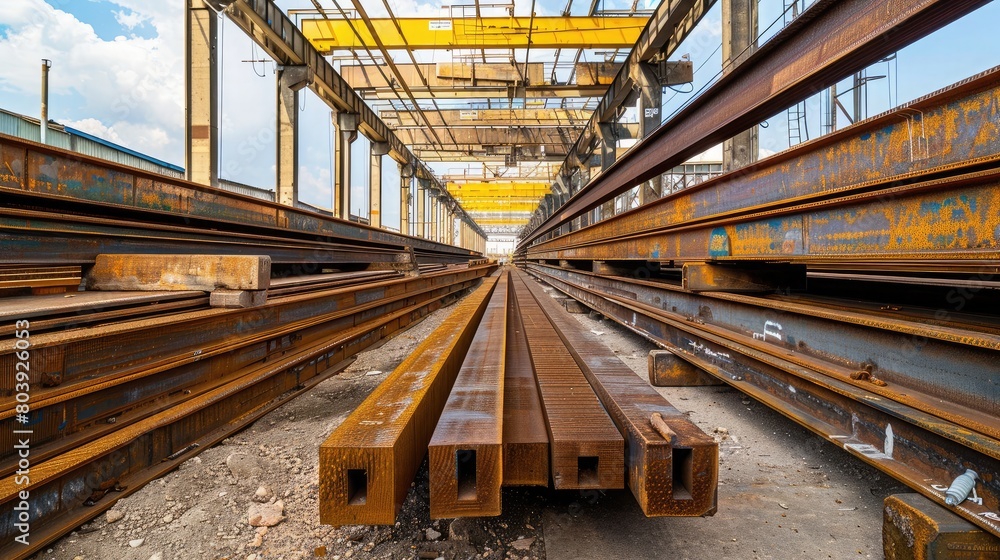 Steel columns and beams organized in a storage area, awaiting ...