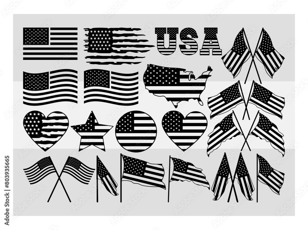 American Flag SVG Silhouette Bundle, American Flag Silhouette, Usa Flag ...