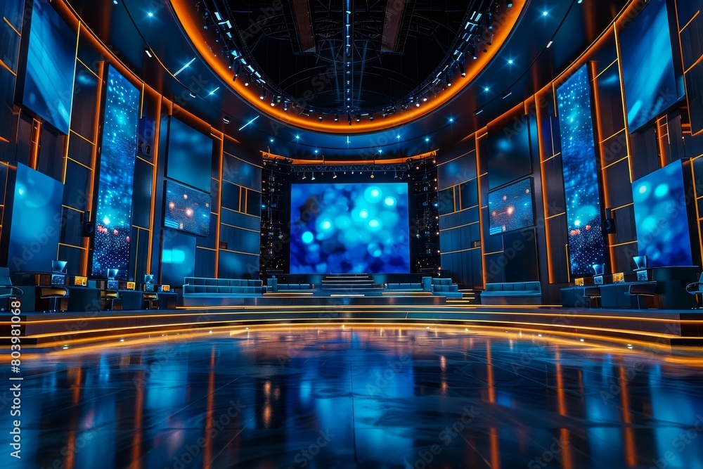 Image highlights a high-energy stage with dynamic blue lighting and a ...