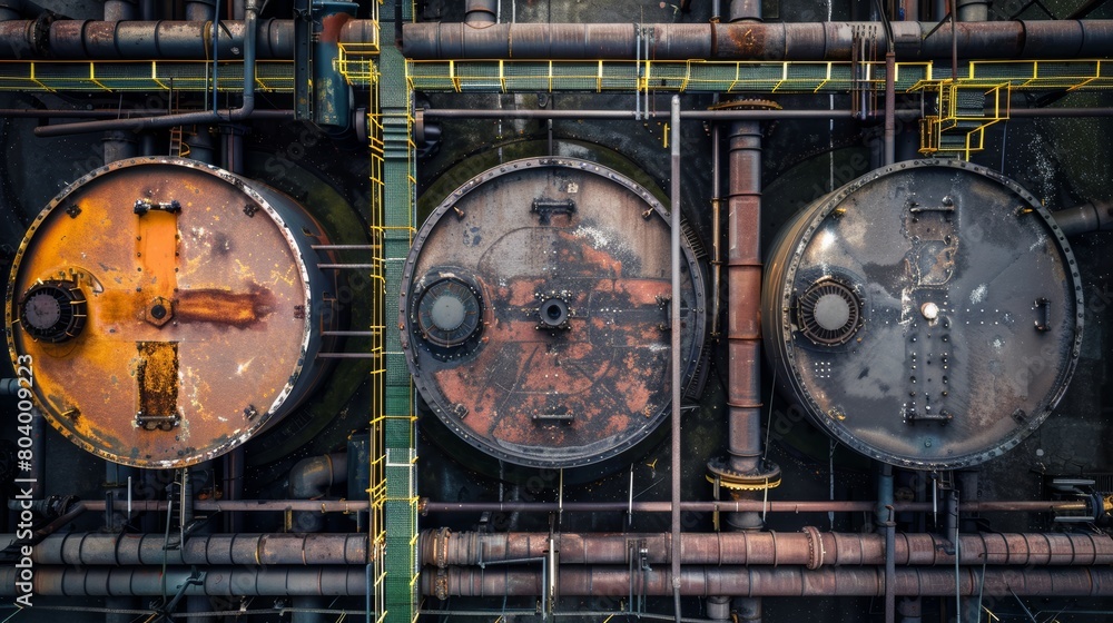 Industrial top view capturing a series of large tanks, juxtaposing ...