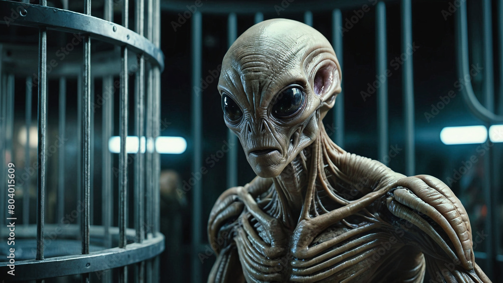 captured people behind scary olive green alien with big shiny eyes ...