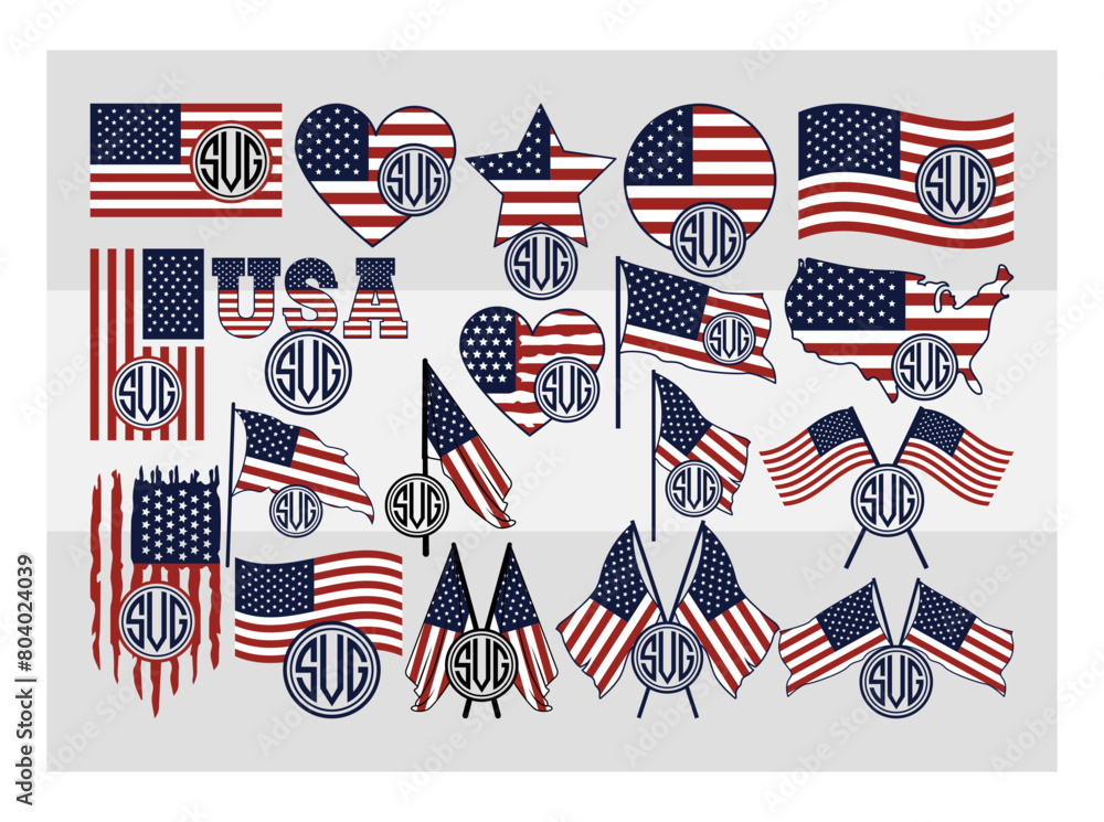 American Flag Circle Monogram SVG Silhouette Bundle, American Flag ...