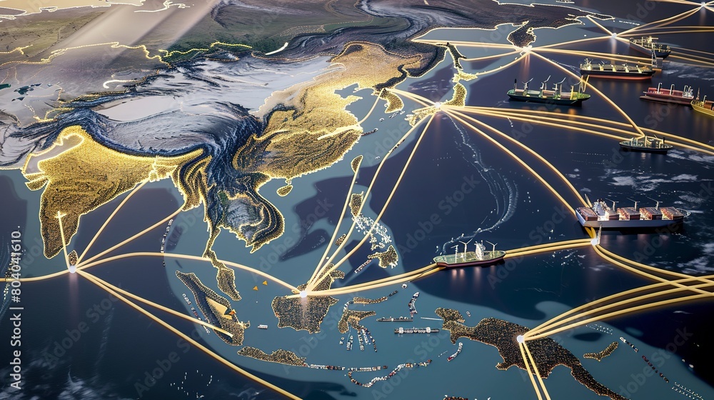 Detailed view of a map with oil trade routes and major ports ...